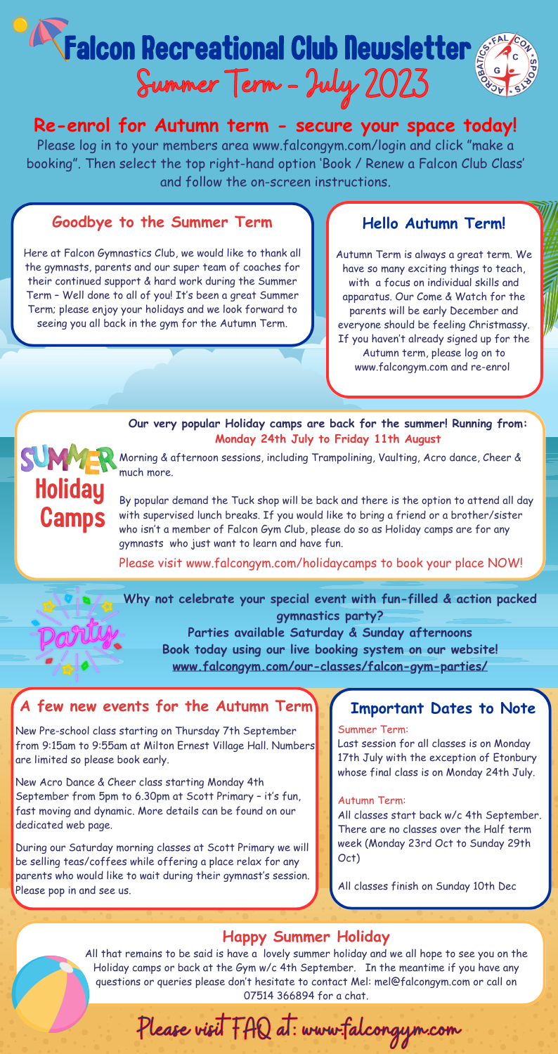 Summer Term 2023 – Recreational Club Newsletter - Falcon Gymnastics Club